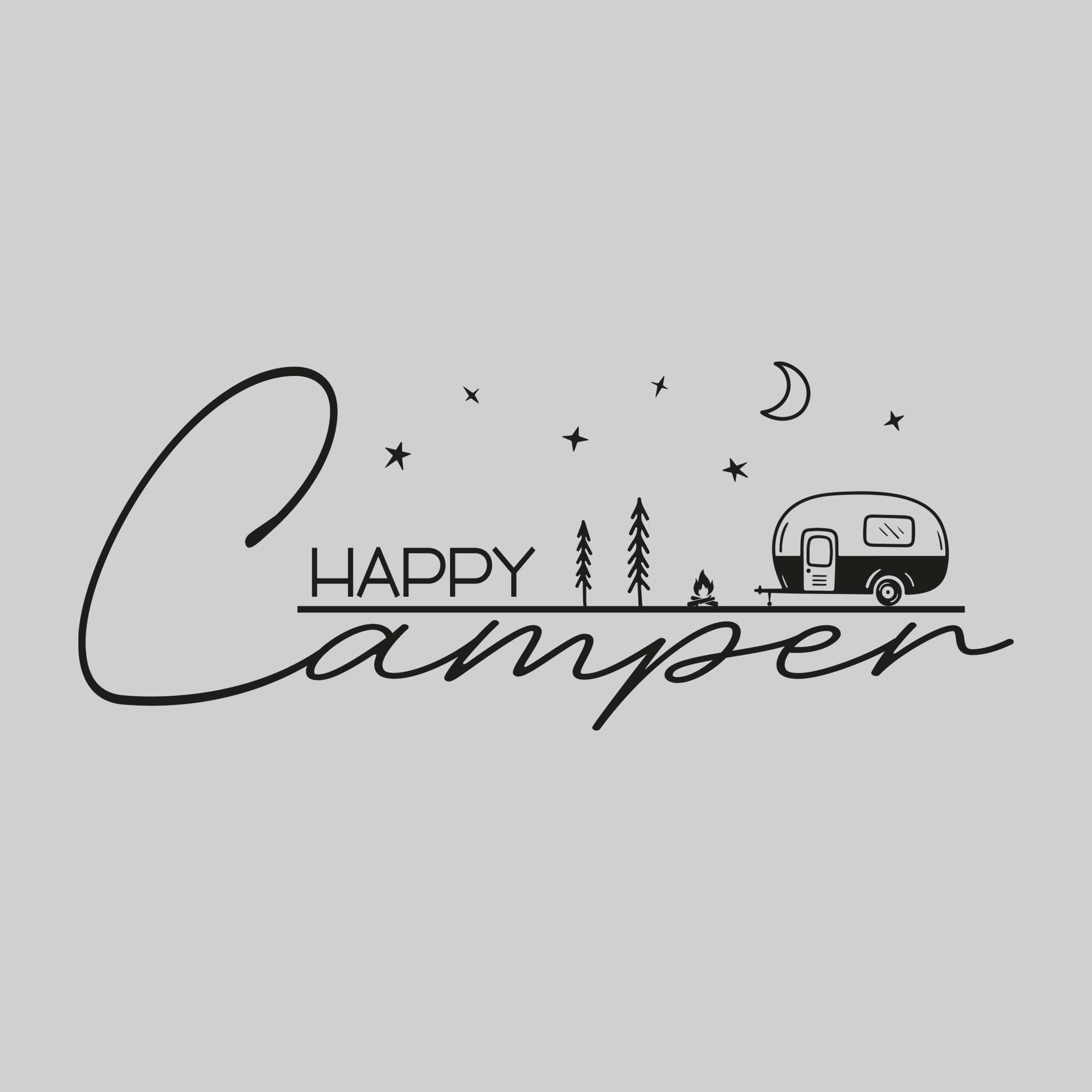 Happy Camper - Cartoon Scene with Cursive Text – Oddly Creative Design